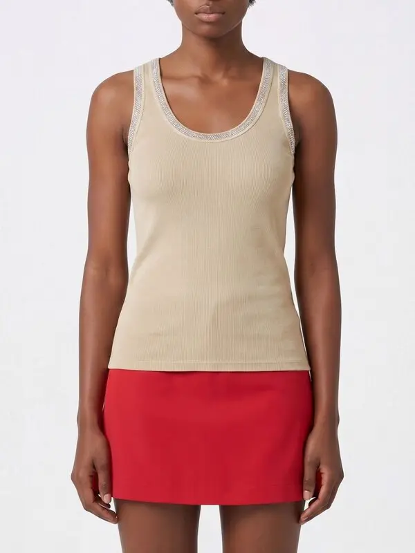 Patrizia Pepe Cotton Blend Tank Top With Rhinestone Embellishments - Beige