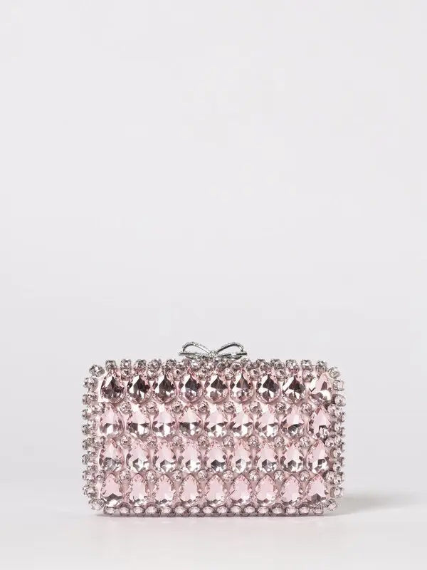 SELF-PORTRAIT Satin Clutch With Rhinestones And Bow Detail - Pink
