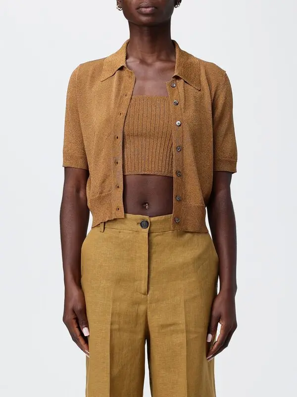 Pinko Cropped Knit Cardigan With Classic Collar - Brown