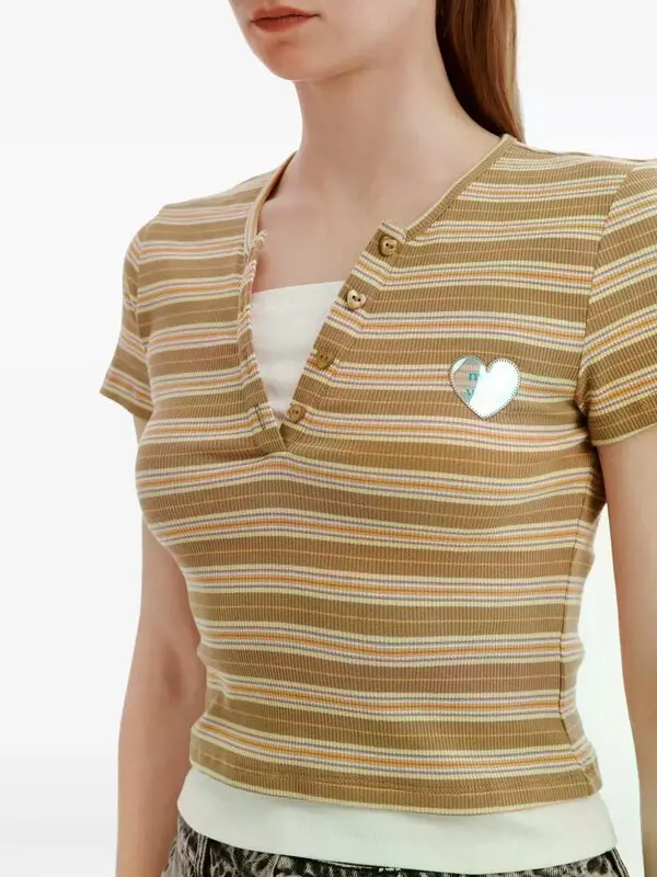 MINI CREAM Striped Button-detail T-shirt