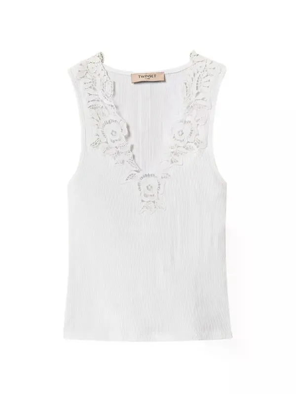 TWINSET Ribbed V-neck Tank Top With Lace Trim - White