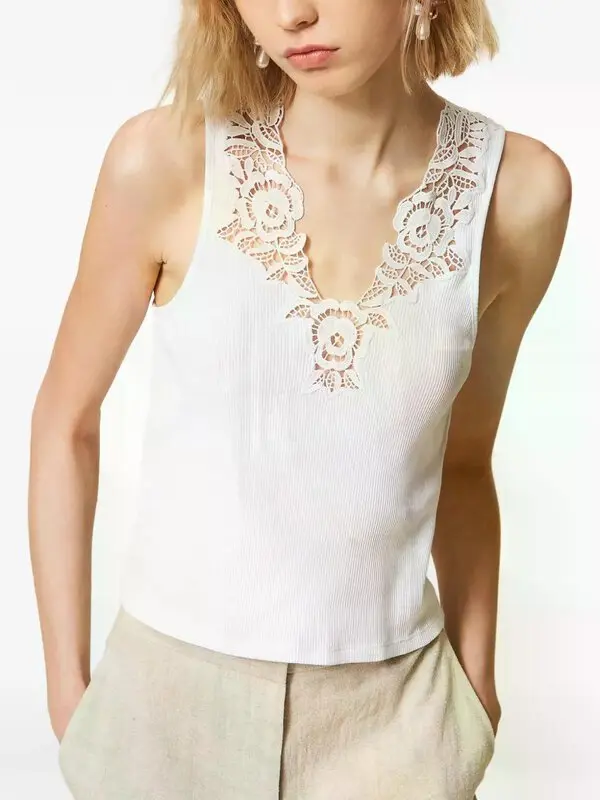 TWINSET Ribbed V-neck Tank Top With Lace Trim - White