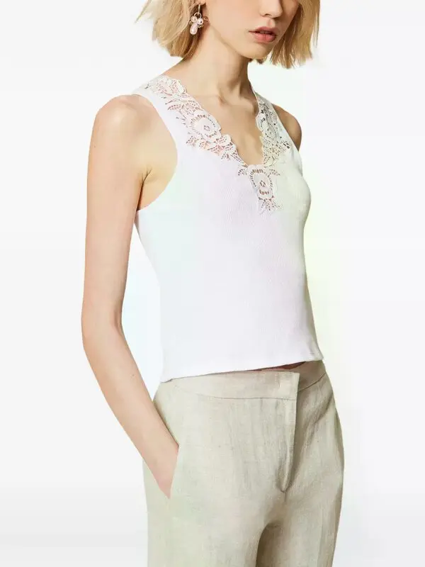 TWINSET Ribbed V-neck Tank Top With Lace Trim - White