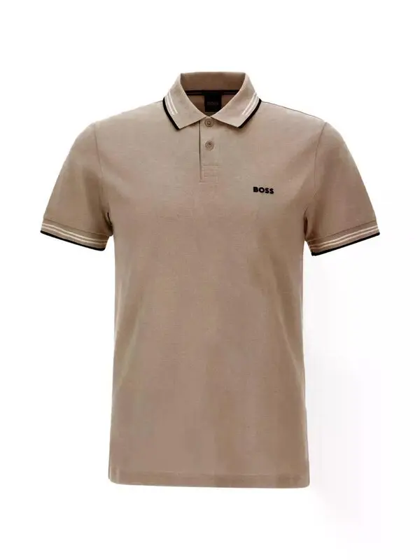 BOSS Stretch-cotton Slim-fit Polo Shirt With Branding And Stripes - Neutrals