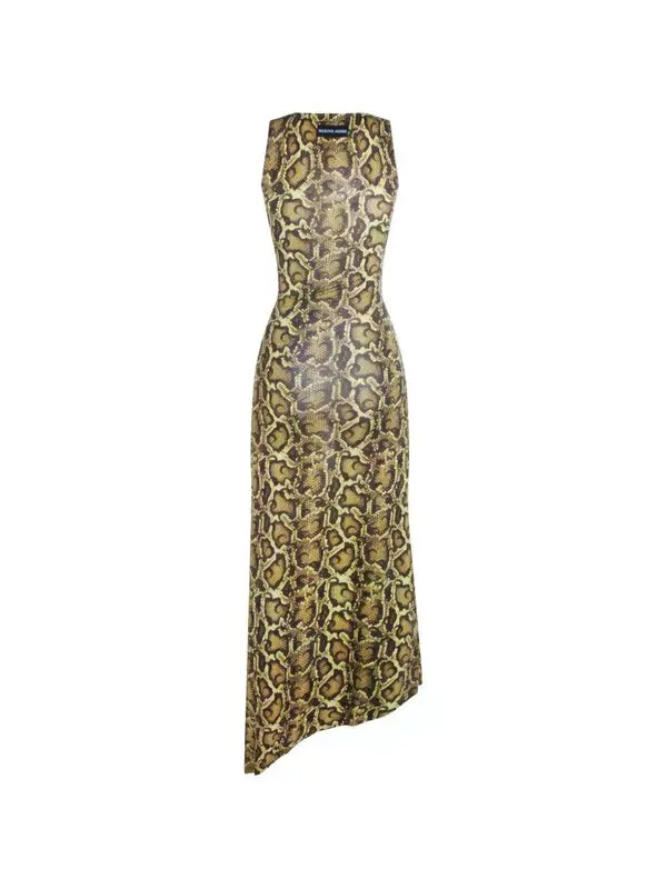 MARINE SERRE Snake Print Asymmetric Hem Maxi Dress - Brown