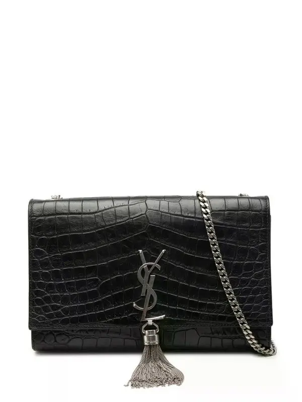 Saint Laurent 2016 Medium Croc Embossed Leather Kate Tassel Crossbody Bag - Black