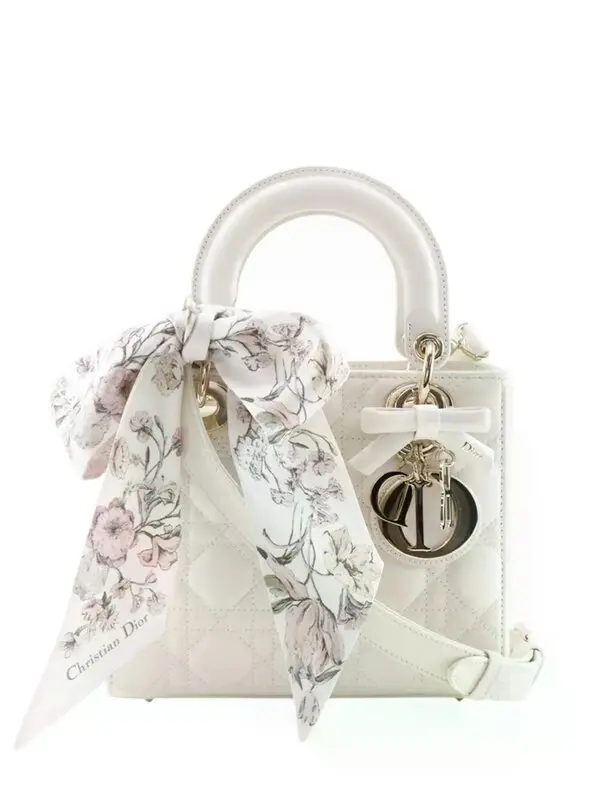 Dior 2020-2026 Small Lambskin Cannage Bow Lady Satchel - White