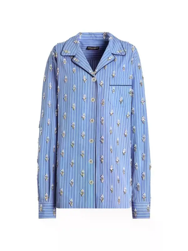 Dolce & Gabbana Cotton Shirt With Flower Embroidery - Blue
