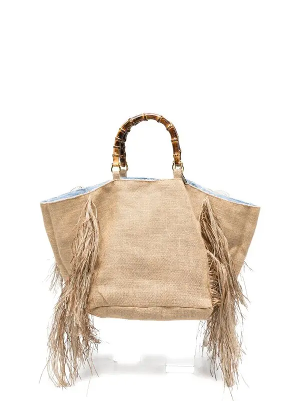 LA MILANESA Sharon Handbag With Bamboo Handle And Fringe Trim - Beige