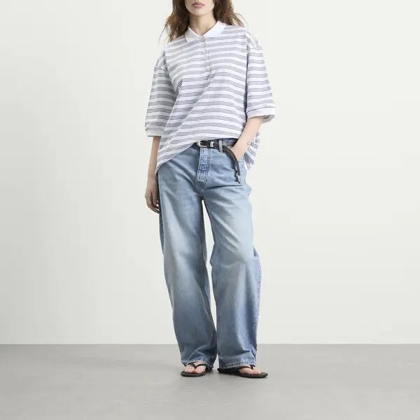 RÓHE Striped Oversized Polo Shirt - White/blue Multi Stripe