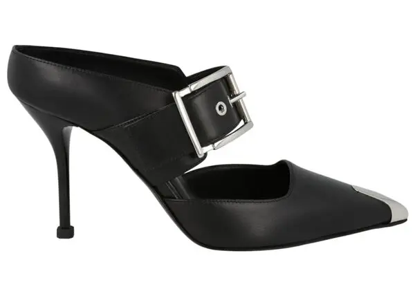 Alexander McQueen Buckle Leather Mules - Black/silver