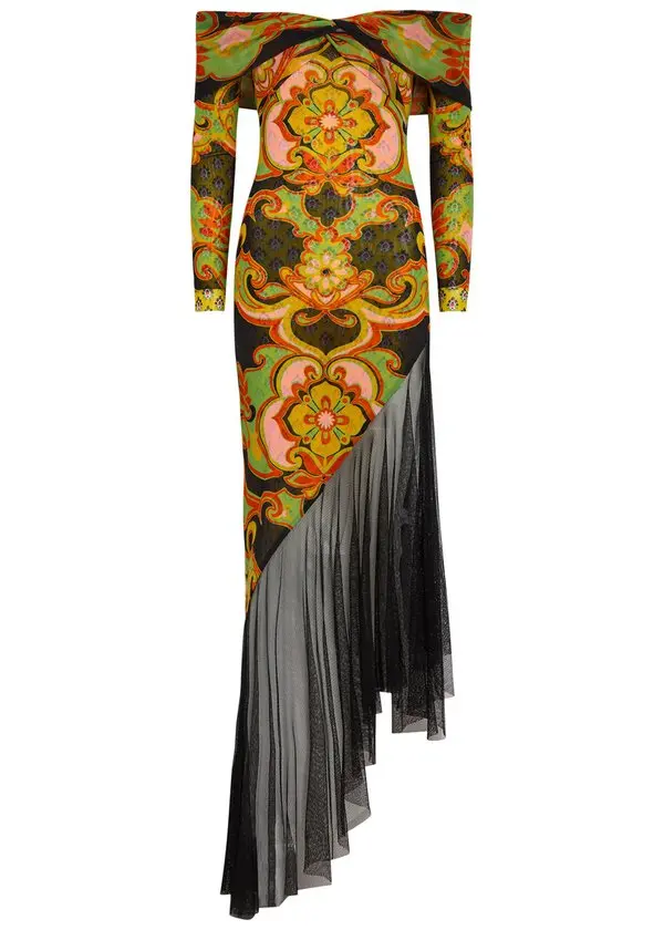 Etro Floral Print Tulle Asymmetric Maxi Dress