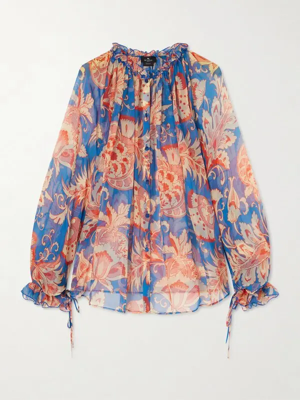 Etro Floral-print Silk-chiffon Peplum Blouse - Blue