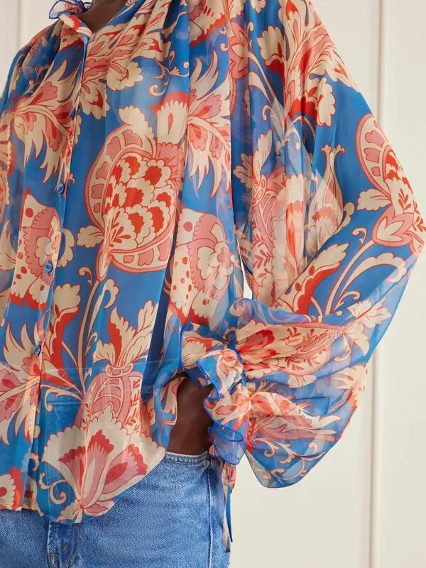 Etro Floral-print Silk-chiffon Peplum Blouse - Blue