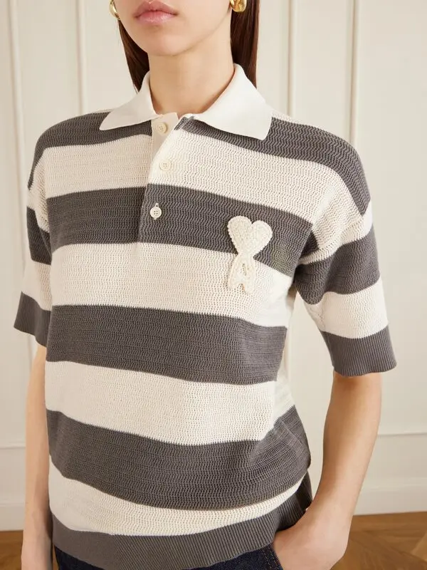 AMI Paris Embroidered Striped Knitted Cotton Polo Shirt