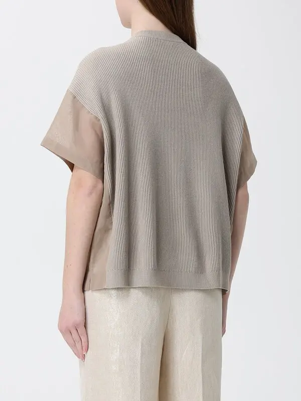 Brunello Cucinelli Ribbed Knit Top With Sheer Sleeves