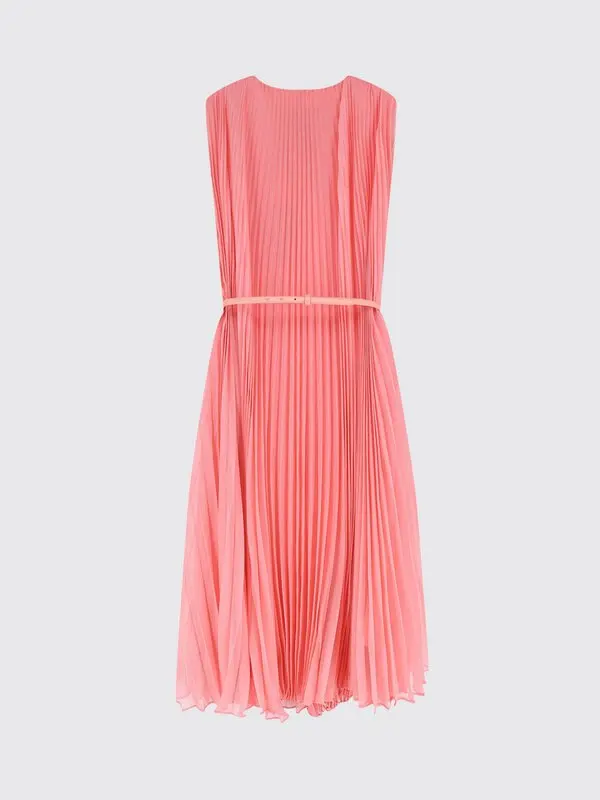 Max Mara Sleeveless V-neck Pleated Midi Dress With Belt - Pink