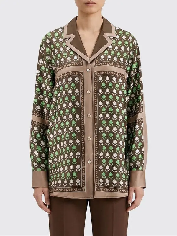 Tory Burch Silk Abstract Ethnic Pattern Long Sleeve Shirt - Brown