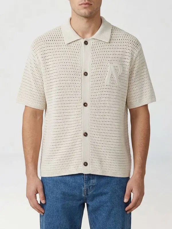 REPRESENT Cotton Blend Crochet Knit Polo Shirt - Beige