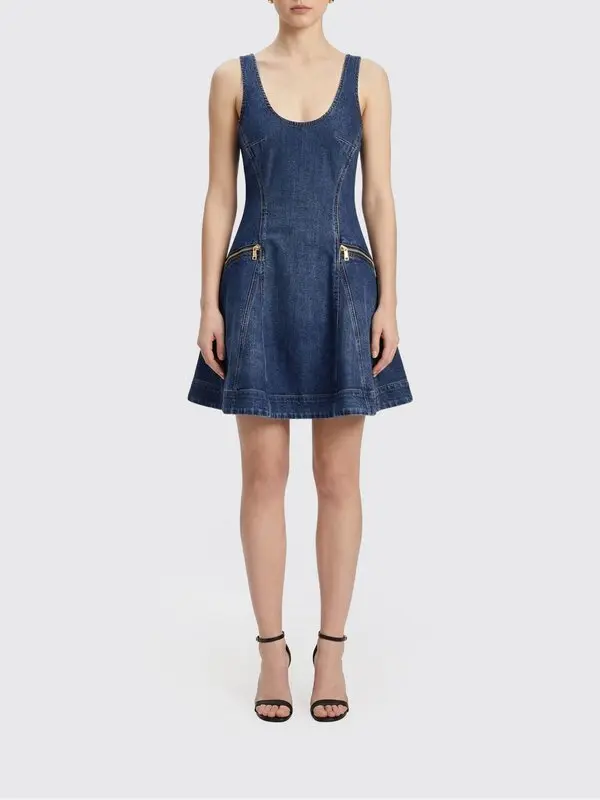 SELF-PORTRAIT Sleeveless Denim Dress With Zip Detail - Blue