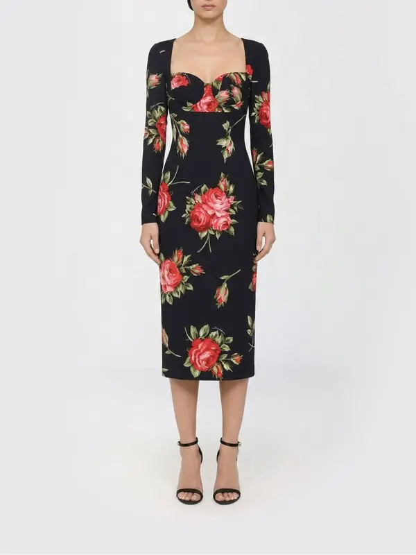 Dolce & Gabbana Floral Print Sweetheart Neck Sheath Midi Dress - Black