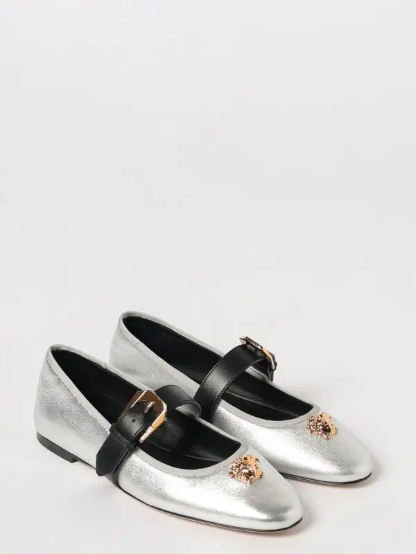 Versace Laminated Nappa Mary Jane Ballet Flats - Silver