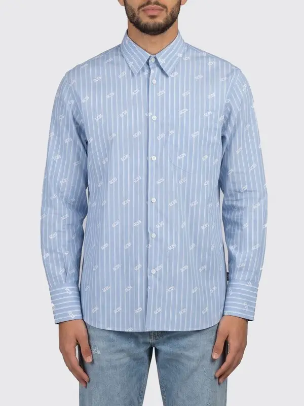 Gcds Striped Logo Cotton Casual Shirt - Gnawed Blue