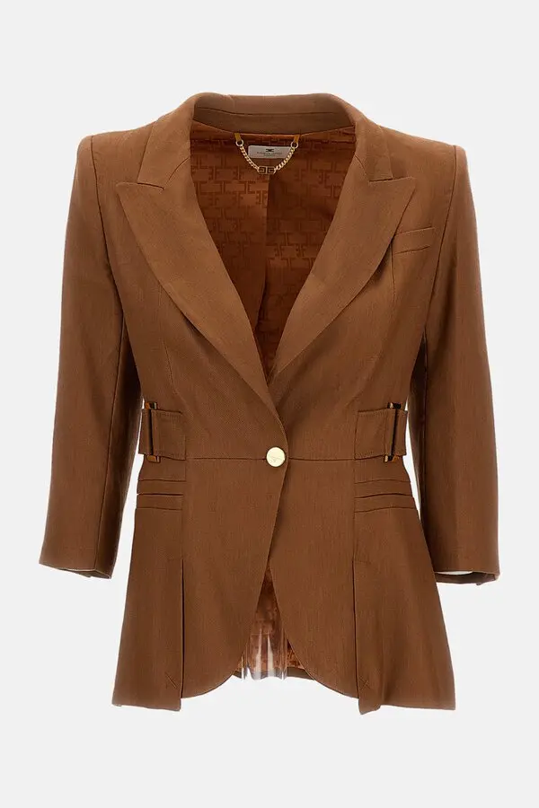 Elisabetta Franchi Linen-blend Jacket With Metallic Details - Brown