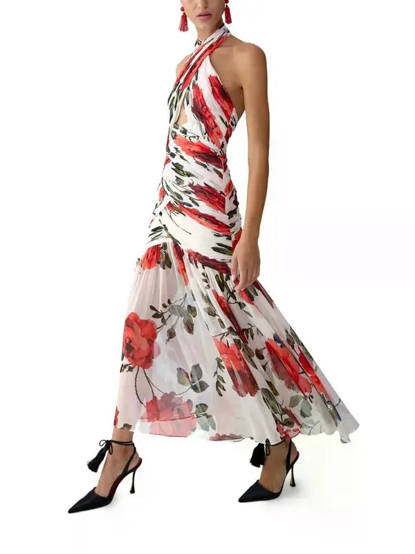 carolina herrera cutout chiffon midi dress Rose-Print Chiffon Midi Dress