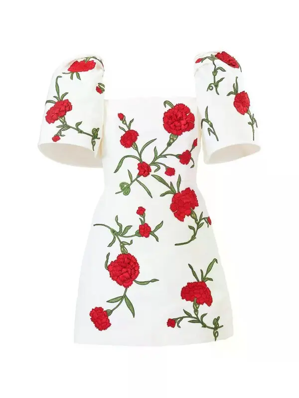 Carolina Herrera Carnation-embroidered Bell-sleeve Mini Dress - White