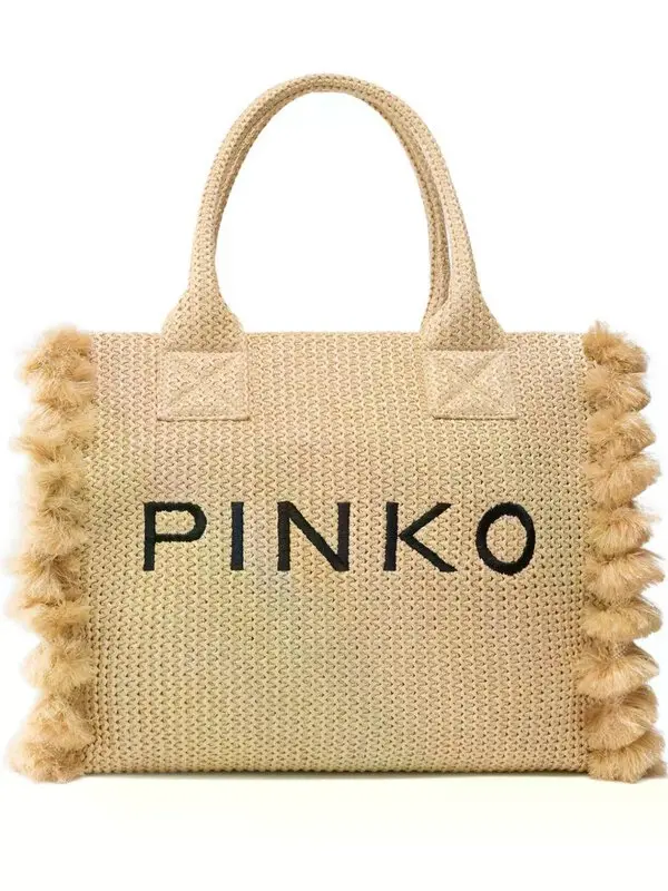 Pinko Raffia Tassel Beach Bag With Embroidered Logo - Neutrals
