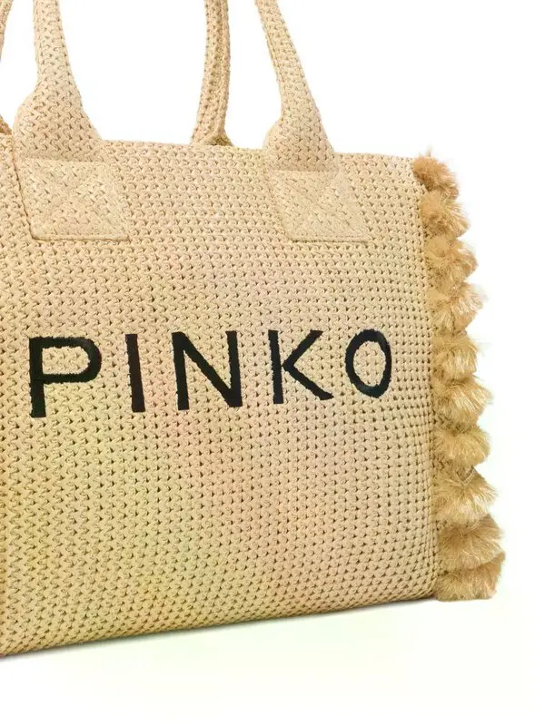 Pinko Raffia Tassel Beach Bag With Embroidered Logo - Neutrals