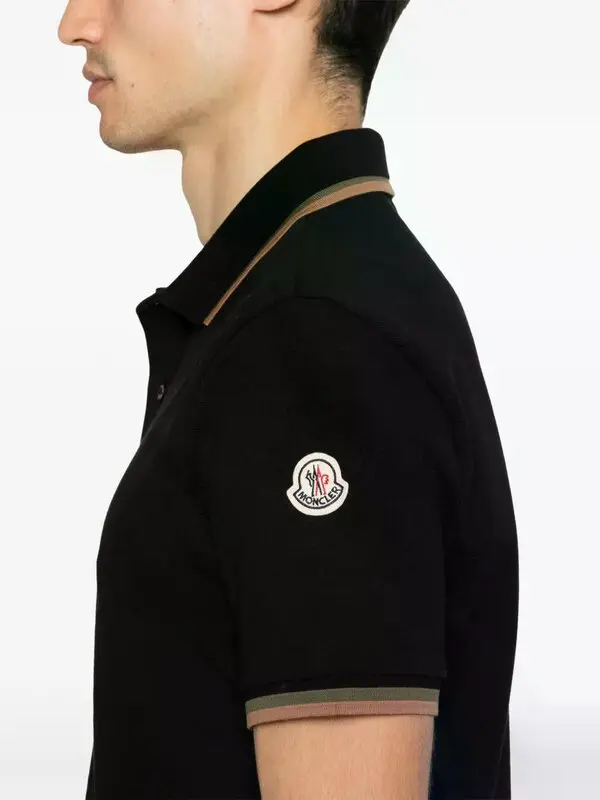 Moncler Ribbed Trim Logo Patch Polo Shirt - Black
