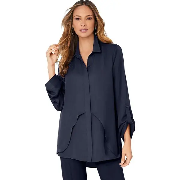 Roaman's Georgette Overlay Big Shirt - Navy