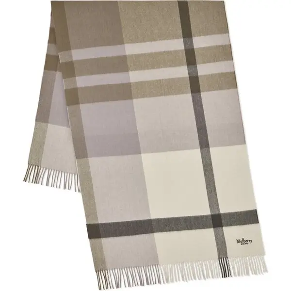 Mulberry Check Merino Wool Scarf - Eggshell/olive