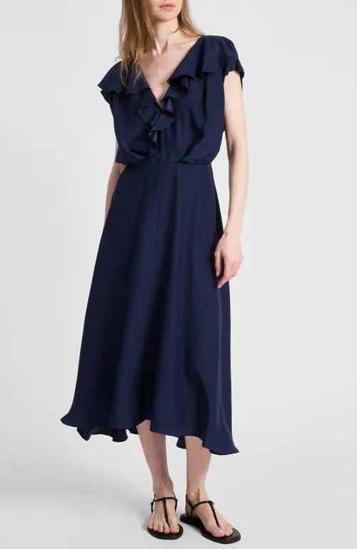 Santorelli Mandy Ruffled Faux Wrap Silk Midi Dress