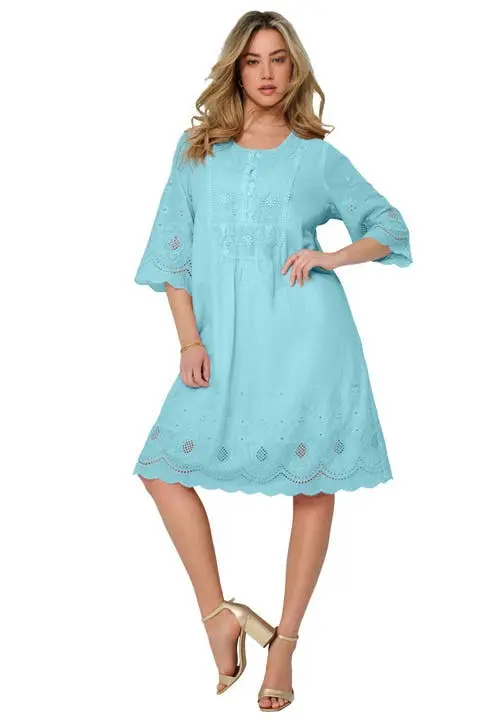 Roaman's Cotton Eyelet Lace Dress With Pearl Buttons - Light Aqua