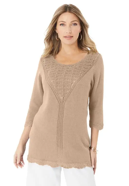 Roaman's Lace Knit Pullover Sweater - New Khaki
