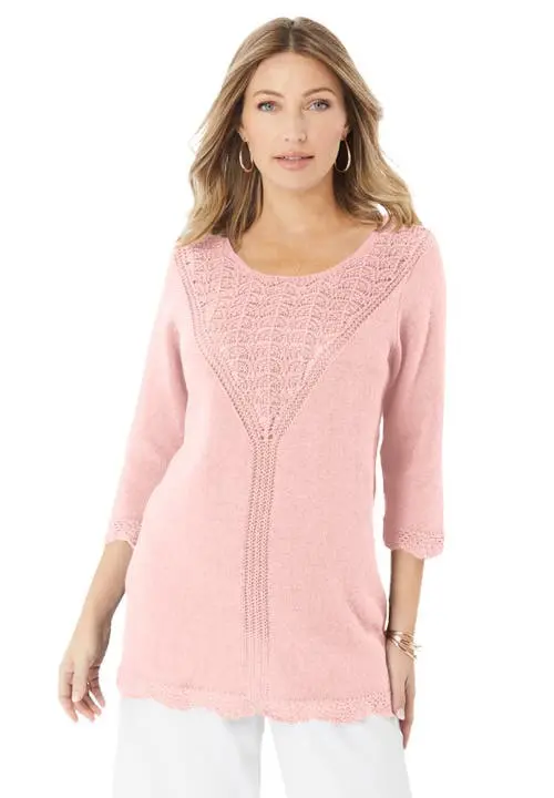 Roaman's Lace Knit Pullover Sweater - Soft Blush