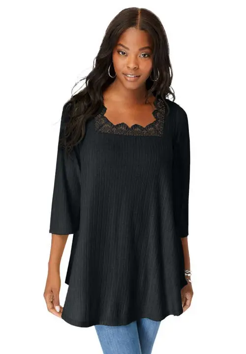 ROAMAN'S Squareneck Pointelle Top With Scallop Lace Trim - Black