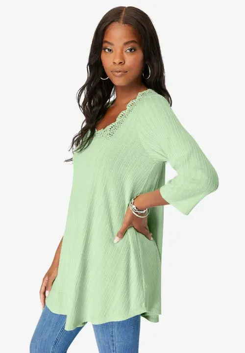 ROAMAN'S Squareneck Pointelle Top With Scallop Lace Trim - Black