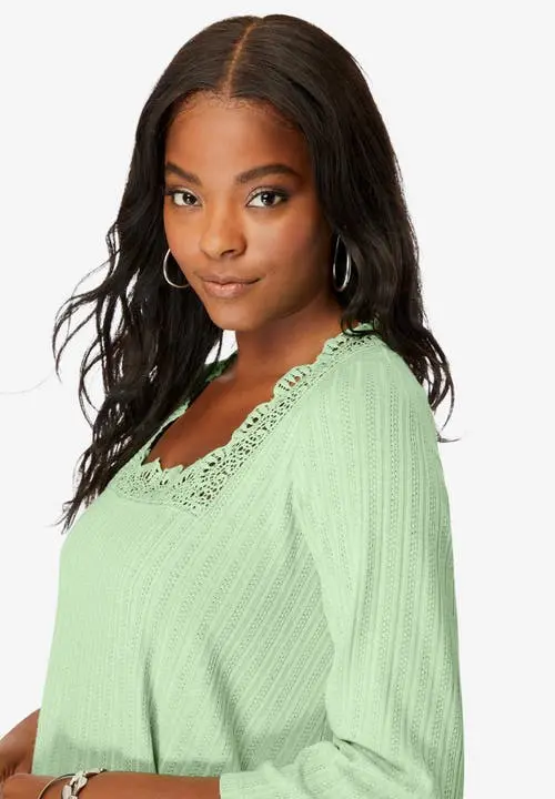 ROAMAN'S Squareneck Pointelle Top With Scallop Lace Trim - Black