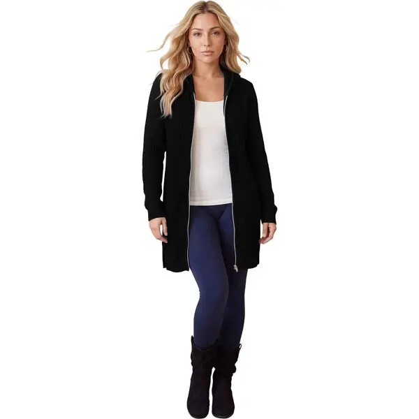 Roaman's Waffle Knit Mega-length Zip Hoodie - Black