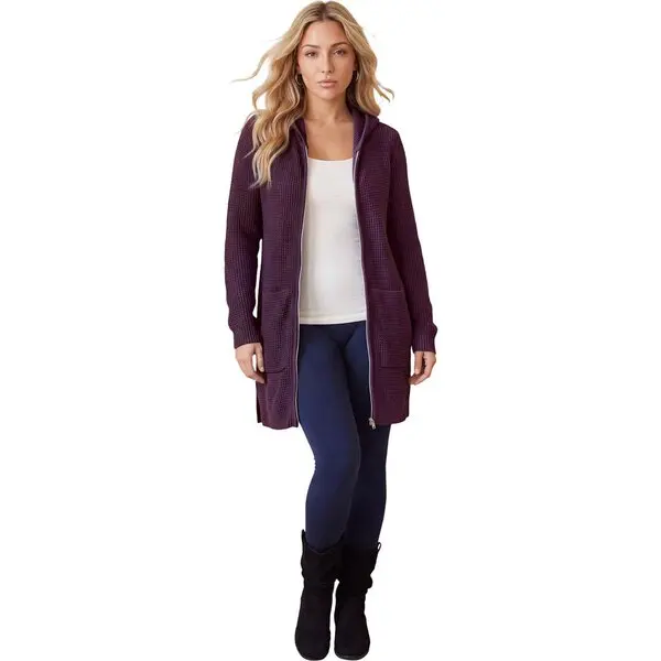 Roaman's Waffle Knit Mega-length Zip Hoodie - Dark Berry