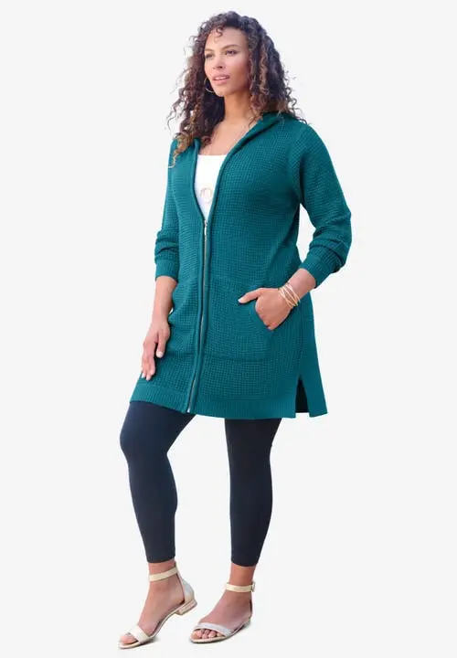 Roaman's Waffle Knit Mega-length Zip Hoodie - Deep Teal