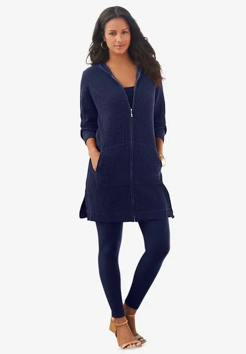 Roaman's Waffle Knit Mega-length Zip Hoodie - Deep Teal