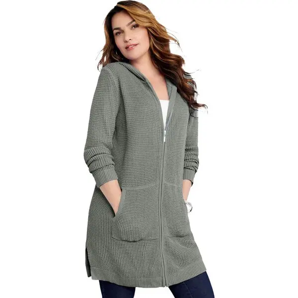 Roaman's Waffle Knit Mega-length Zip Hoodie - Medium Heather Grey