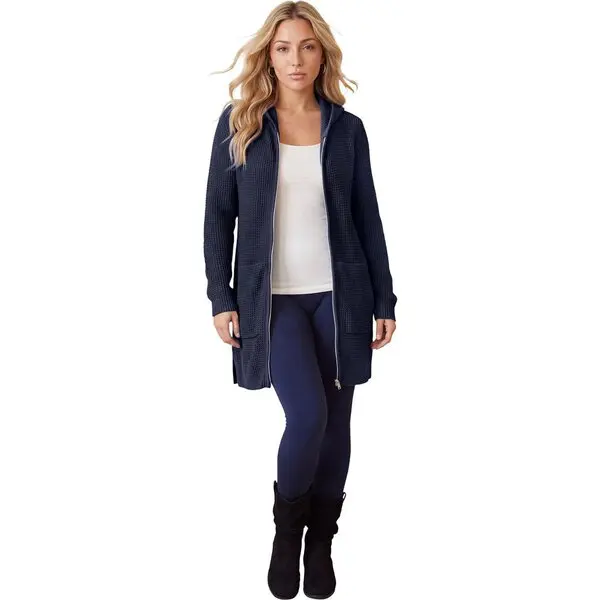 Roaman's Waffle Knit Mega-length Zip Hoodie - Navy