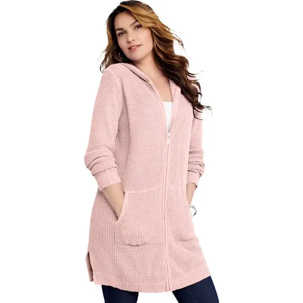 Roaman's Waffle Knit Mega-length Zip Hoodie - Soft Blush