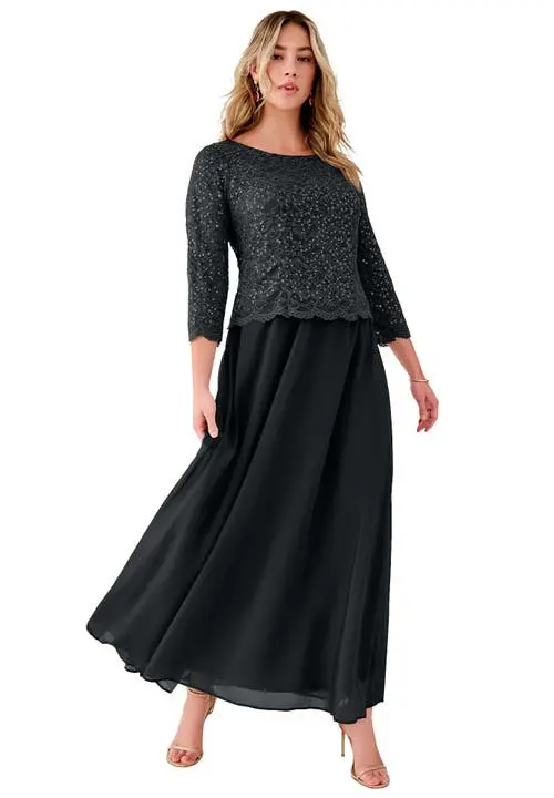 Roaman's Sequin Lace Three Quarter Sleeve A-line Gown - Black